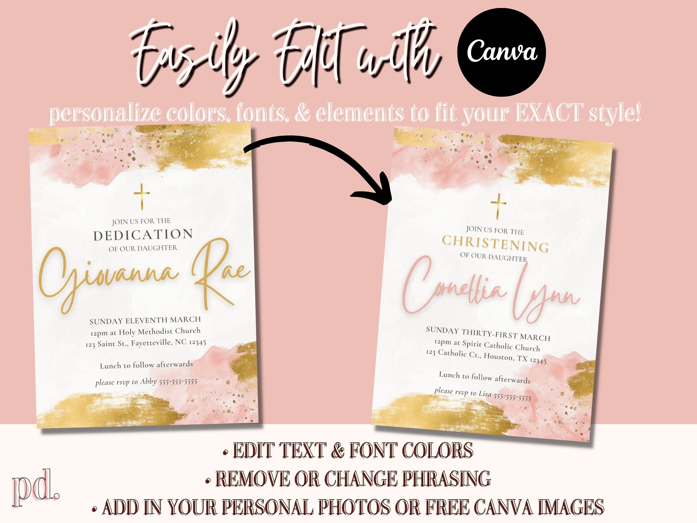 Editable Baby Pink Watercolor Christening Invitation - Dedication ...