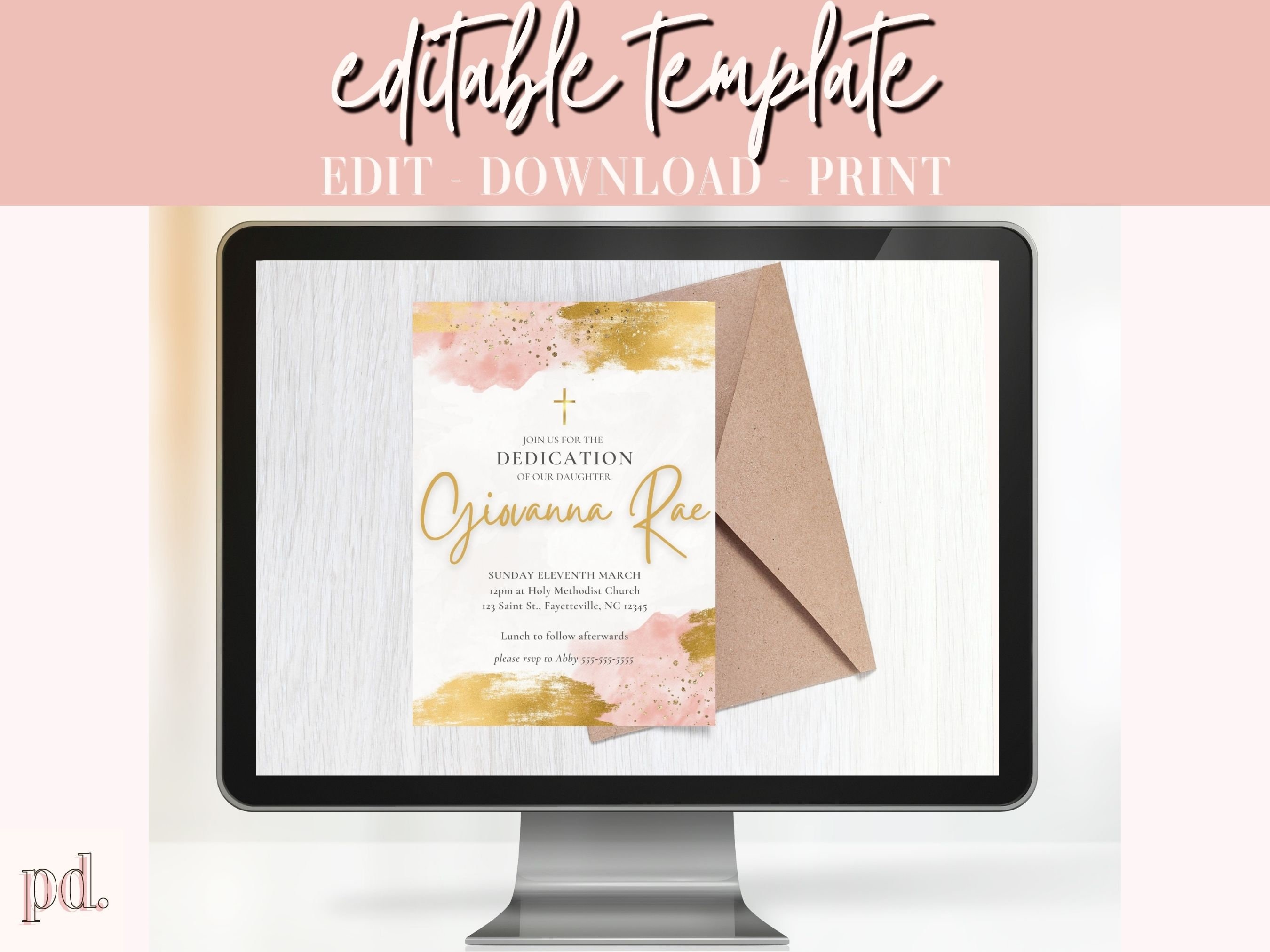 Editable Baby Pink Watercolor Christening Invitation - Dedication ...