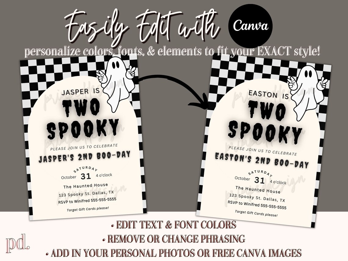 Editable Two Spooky Party Invitation, Halloween Birthday Digital Party ...