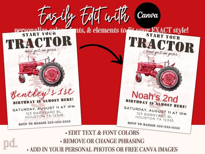 Editable Tractor Birthday Invitation Template, Any Age Red Tractor ...