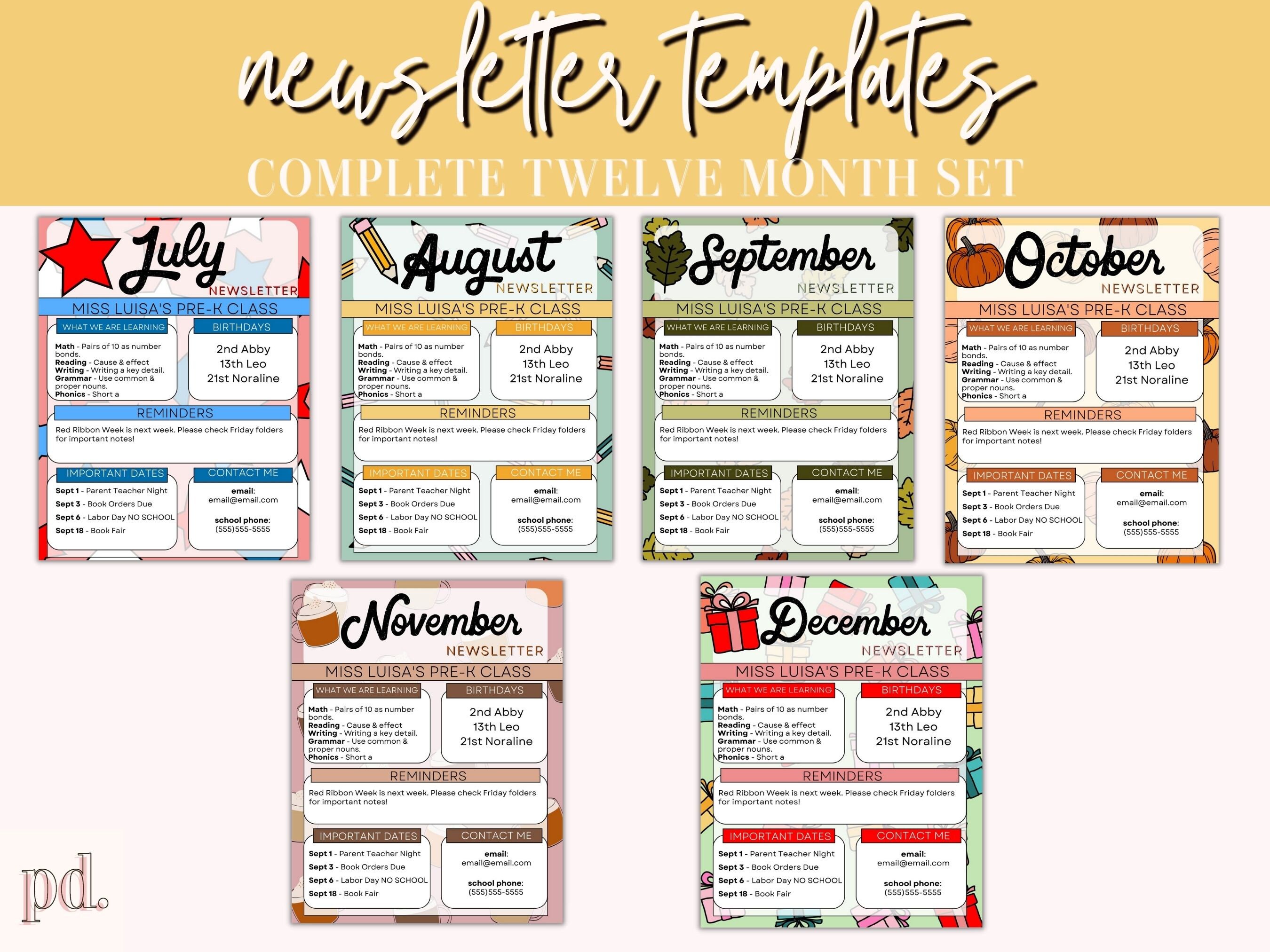 12 Month Newsletter Template, Editable School Newsletter, Monthly ...