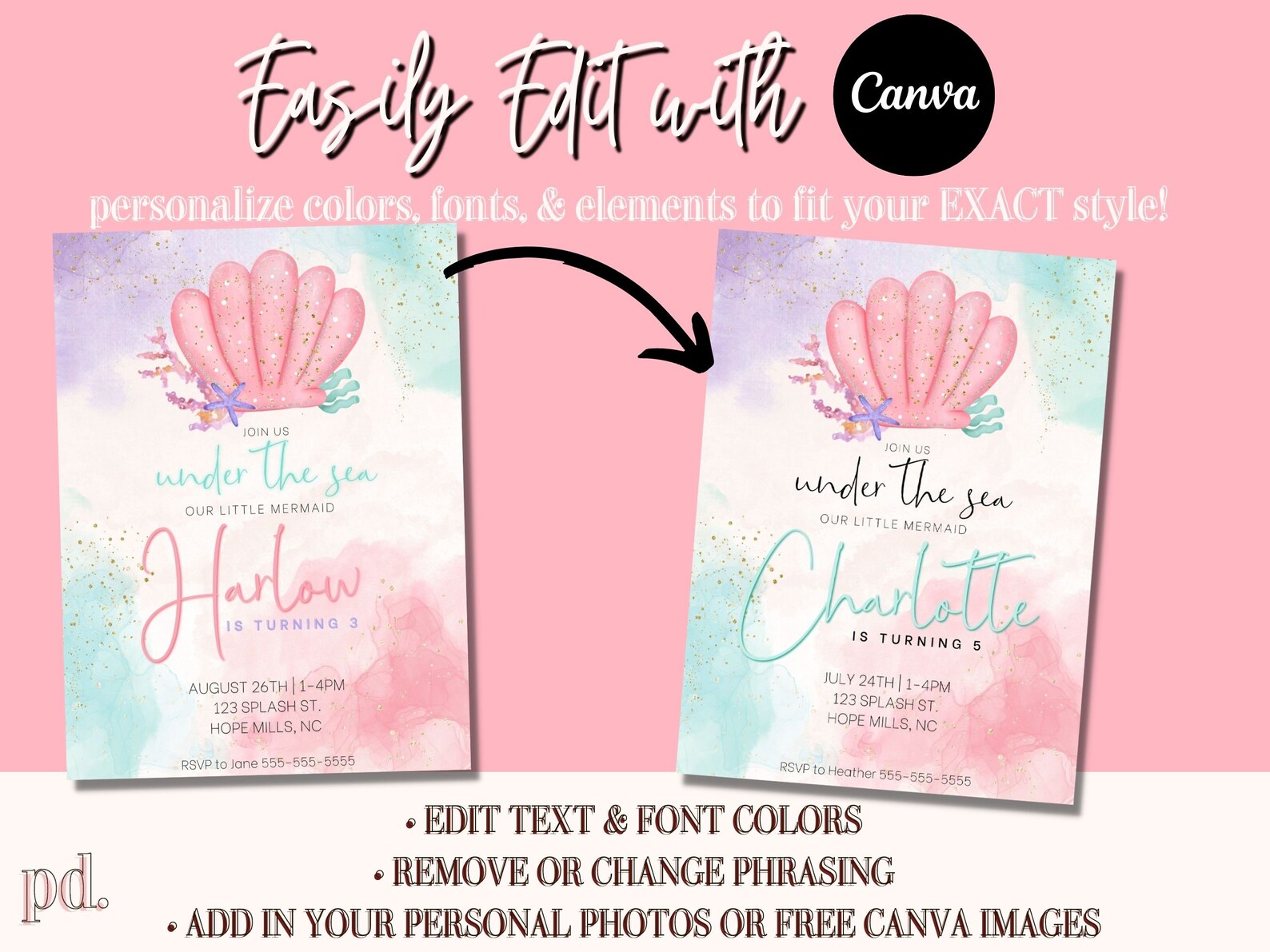 Editable Under the Sea Party Invitation - Mermaid Watercolor Birthday ...