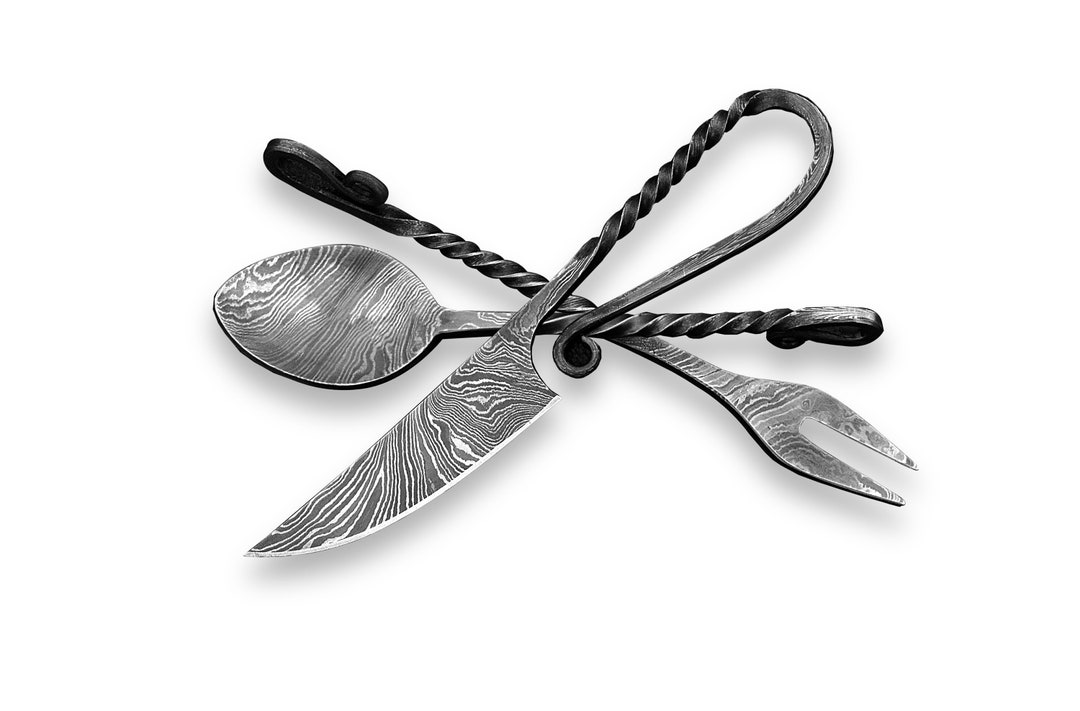 Hand Made Damascus 3 Piece Cutlery Knife, Spoon and Fork With Leather ...