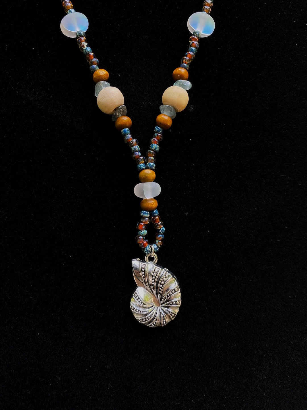 Fibonacci Seashell Beaded Necklace With Apatite Crystal Chips, Wood ...