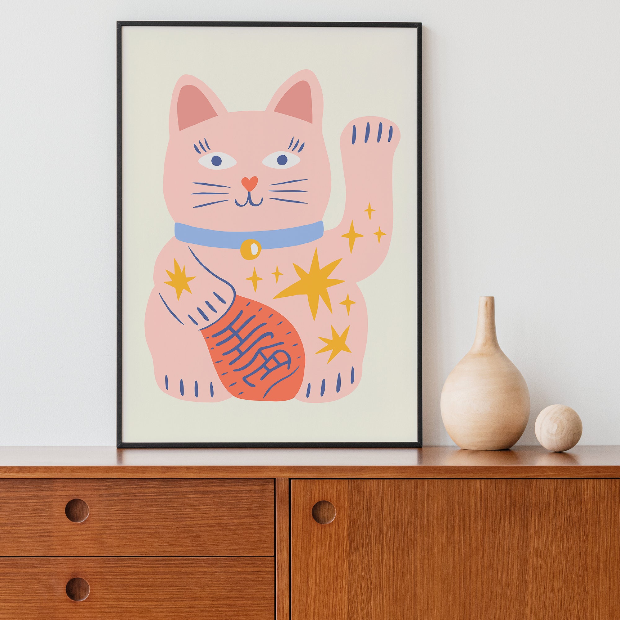 Retro Lucky Cat Print, Pink Maneki Neko Wall Art (digital Download) - Etsy