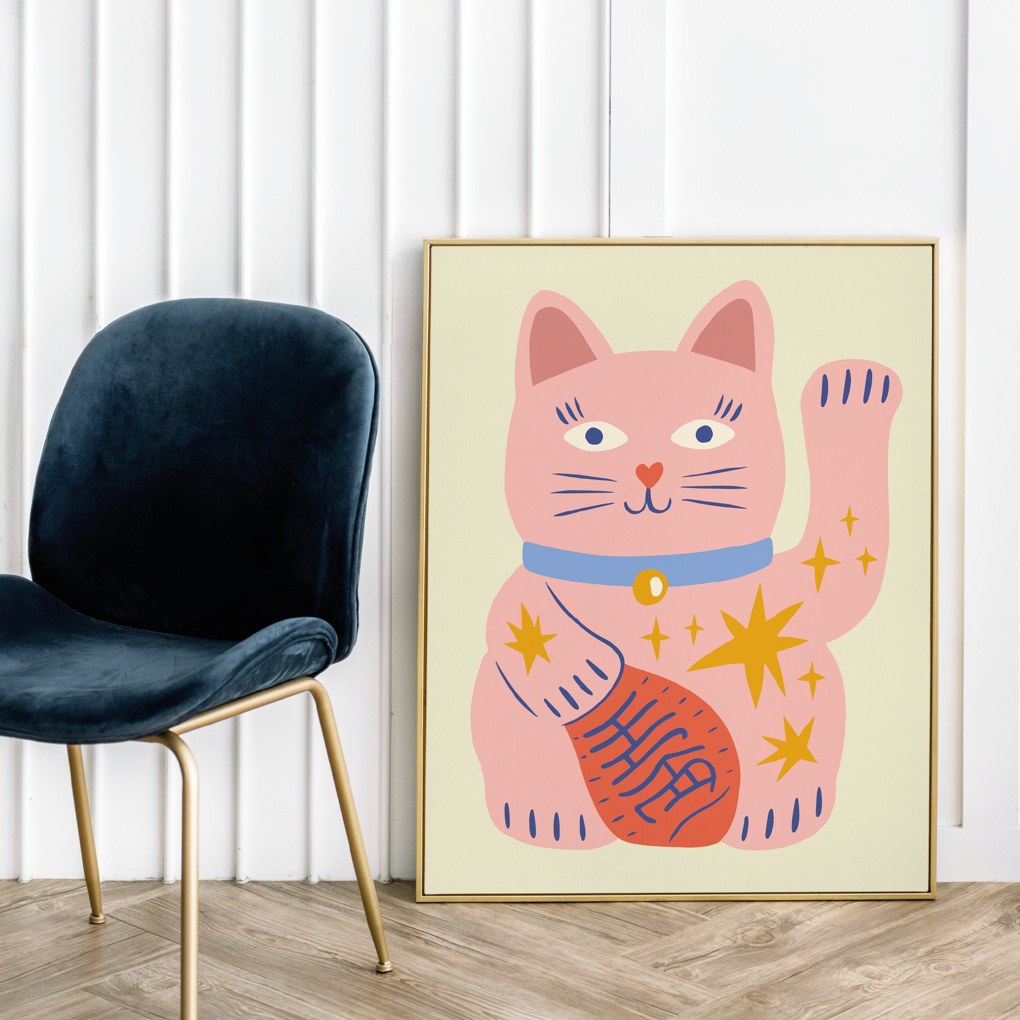 Retro Lucky Cat Print, Pink Maneki Neko Wall Art (digital Download) - Etsy