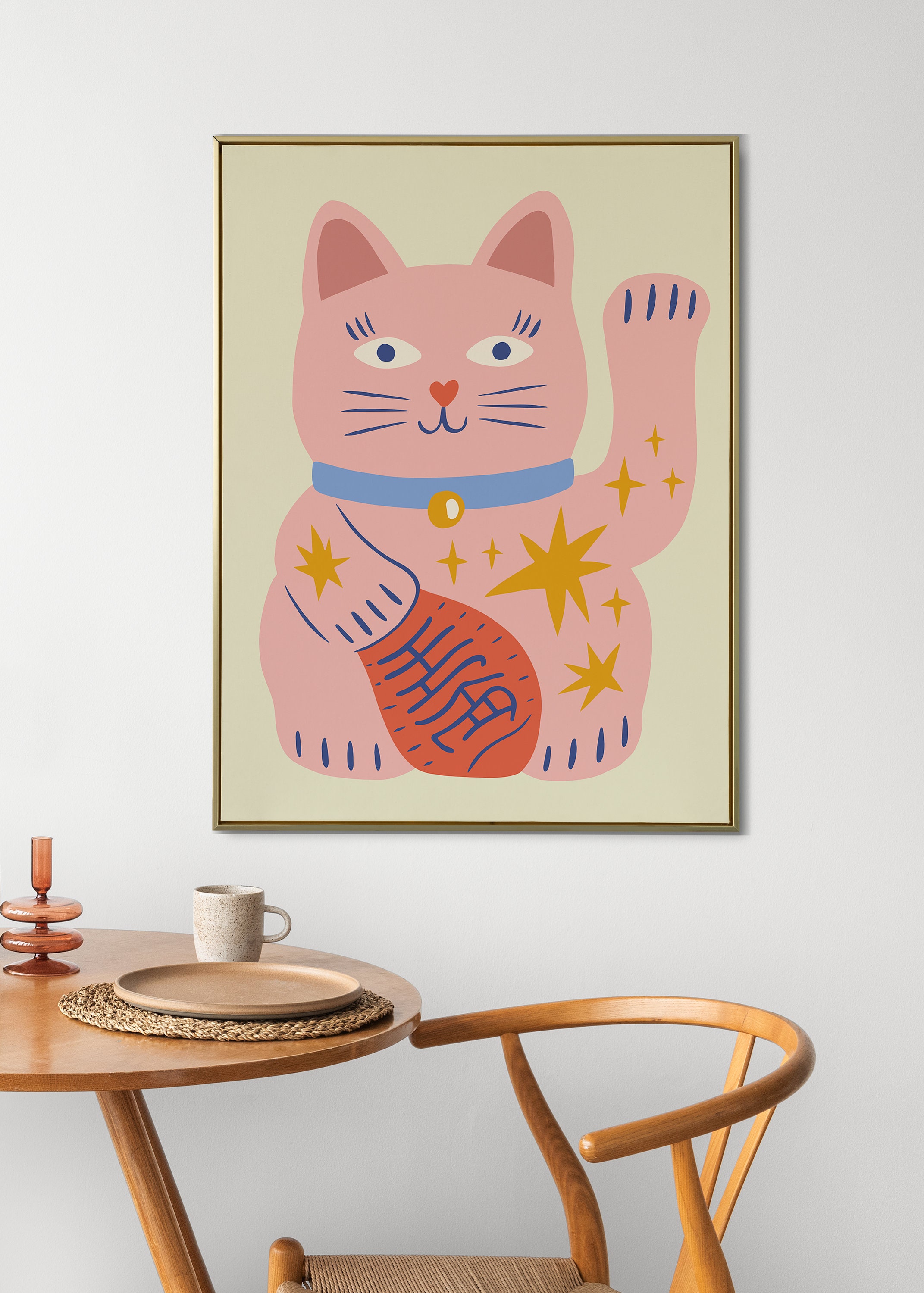 Retro Lucky Cat Print, Pink Maneki Neko Wall Art (digital Download) - Etsy