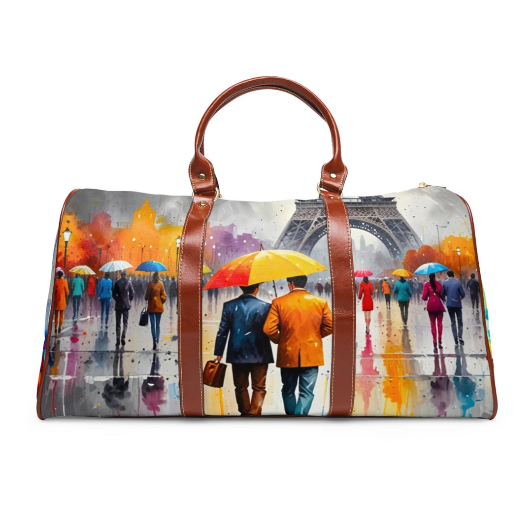 Travel Bag, Eiffel Tower Rainy Day Colorful Bag People With Umbrellas ...