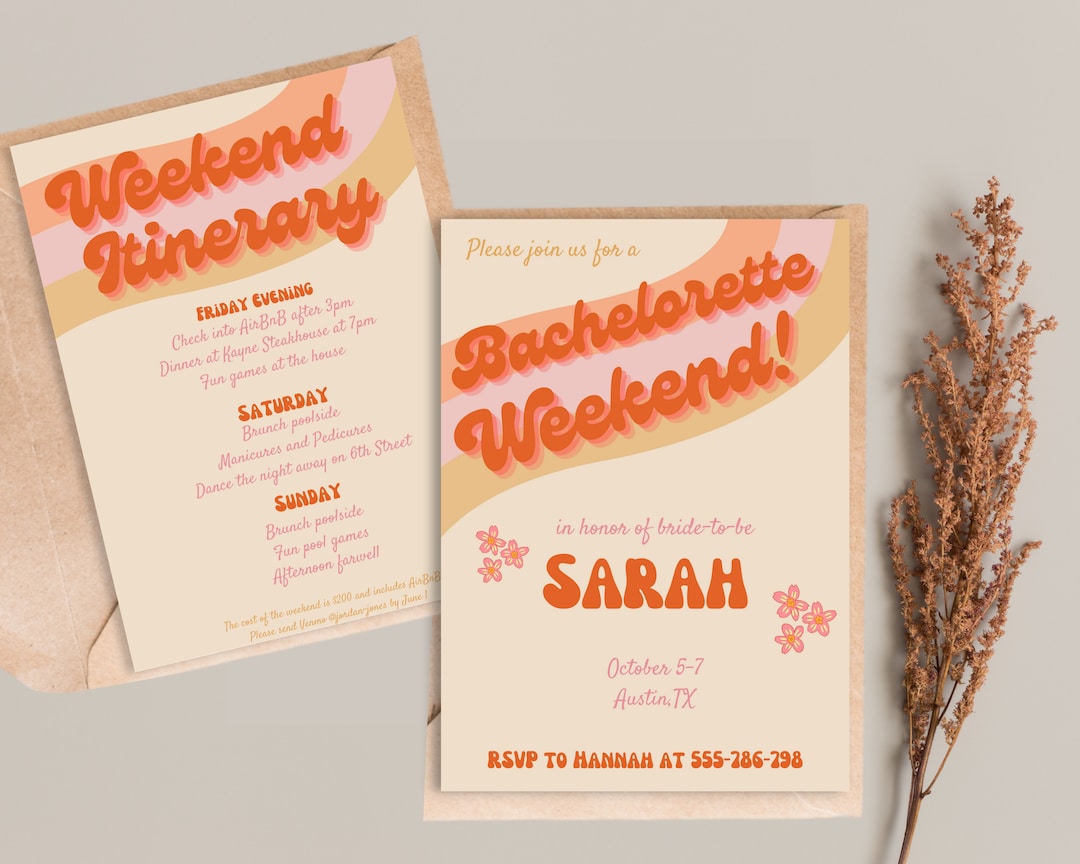 70s Retro Bachelorette Party Invitation, Weekend Itinerary (instant ...