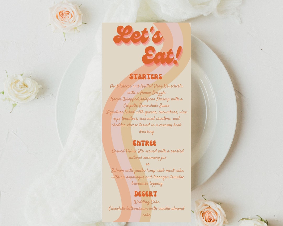 Retro Wedding Menu Cards, 70s Dinner Menu, Groovy Peach and Orange ...