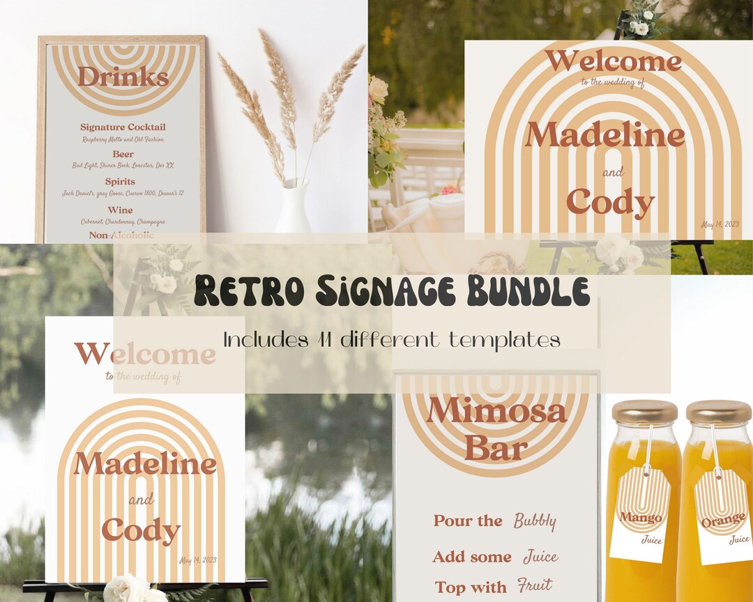 Retro Signage Bundle, Retro Large Wedding Welcome Sign, 70s Drinks ...