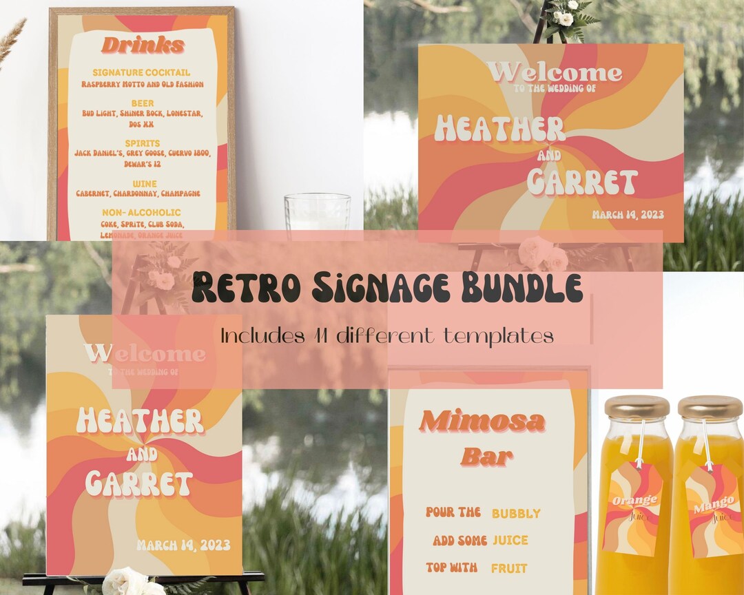 Retro Signage Bundle, Retro Large Wedding Welcome Sign, 70s Drinks ...