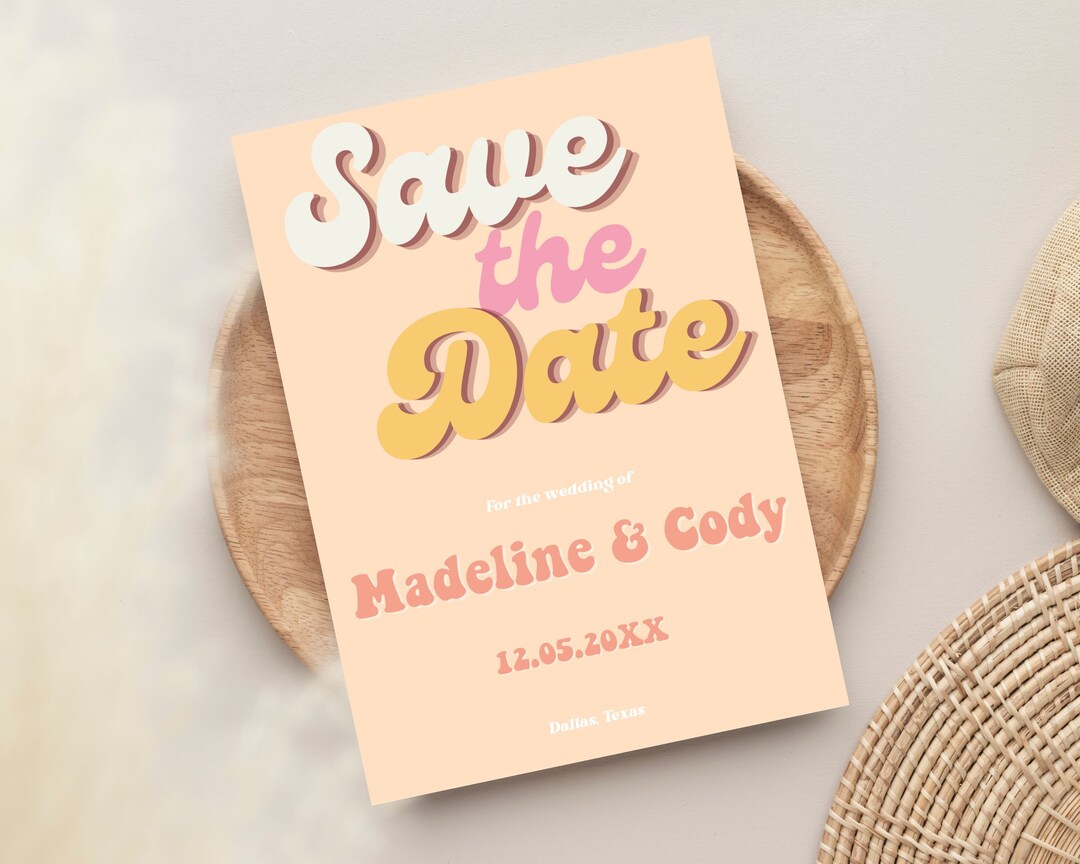 Retro Save the Date Cards, 70s Themed Wedding Invite, Colorful Disco ...
