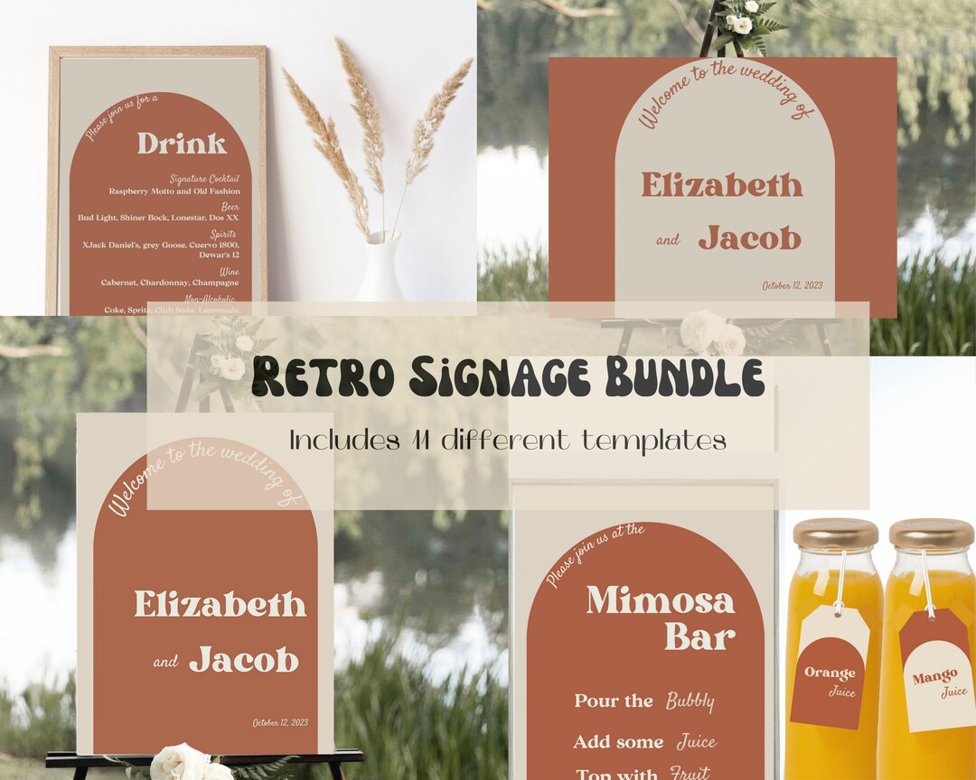 Retro Signage Bundle, Retro Large Wedding Welcome Sign, 70s Drinks ...