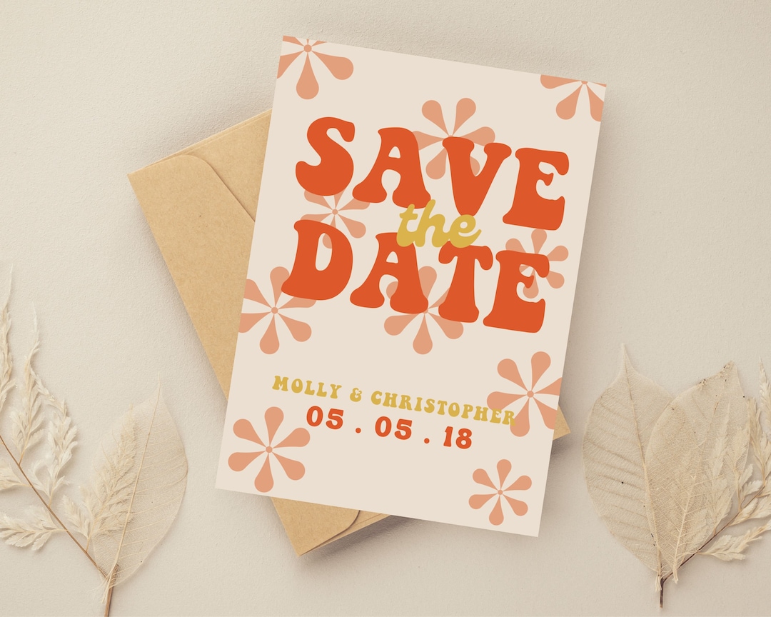 Retro Save the Date Cards, 70s Themed Wedding Invite, Colorful Disco ...
