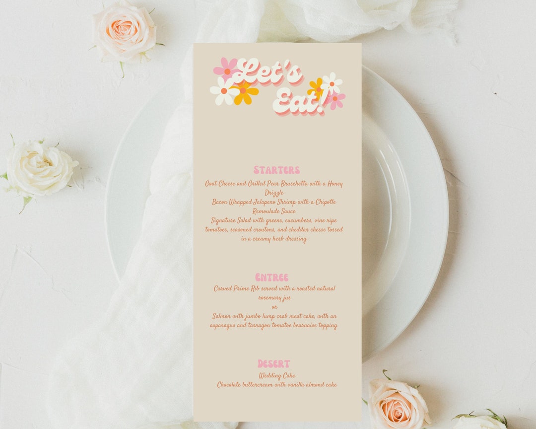 Retro Wedding Menu Cards, 70s Dinner Menu, Groovy Peach and Orange ...