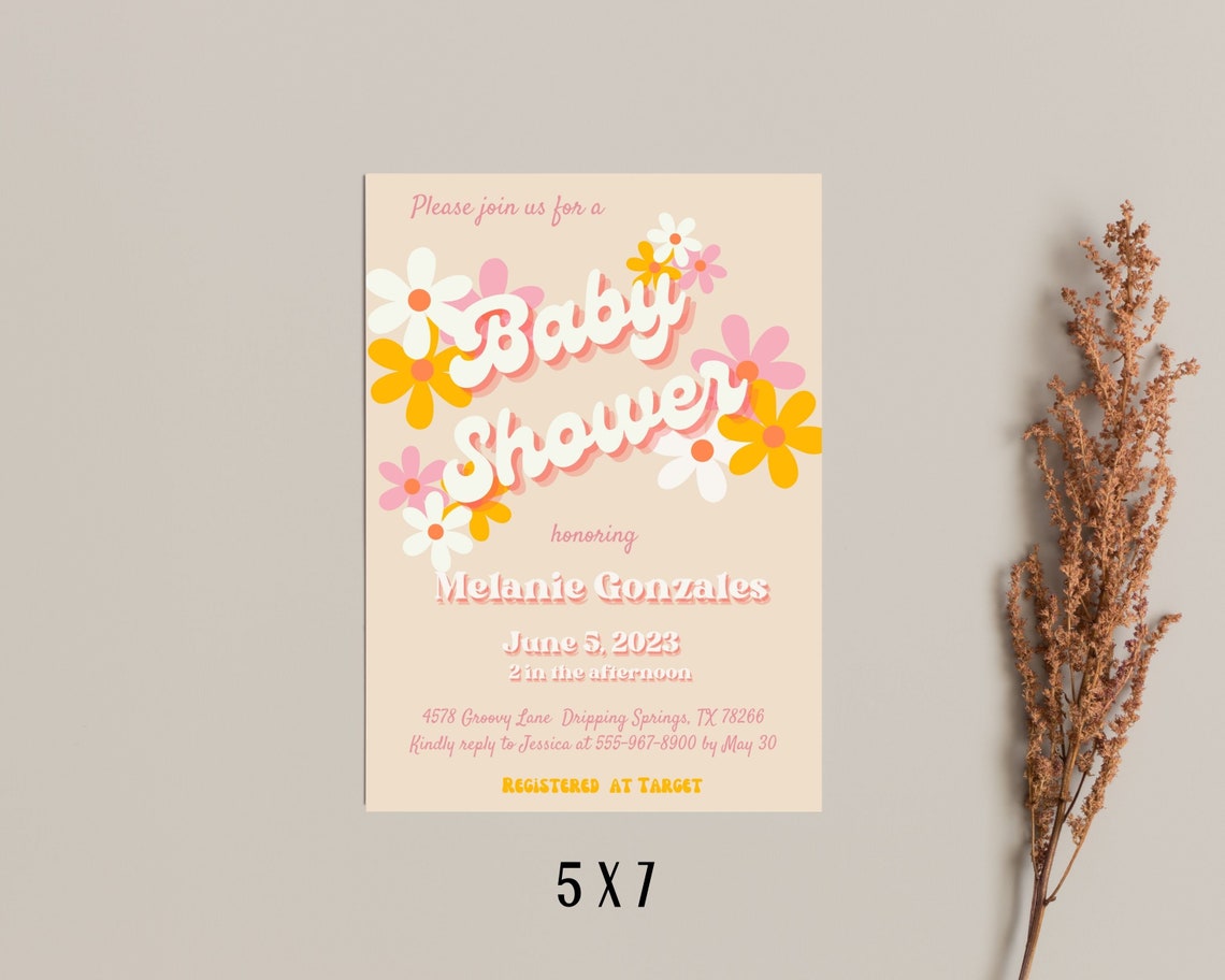 Retro Baby Shower Invitation Template, Groovy Peach and Orange (instant ...
