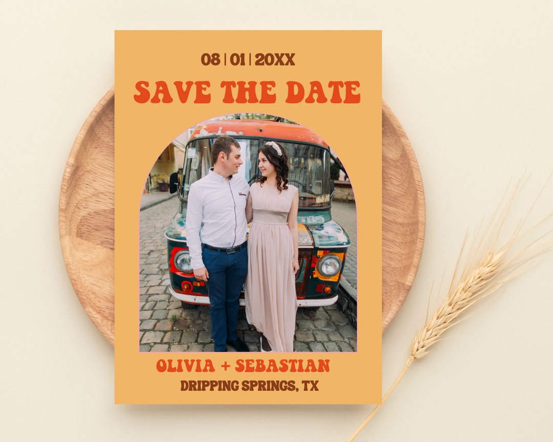 Retro 70s Theme Save the Date Card, Groovy Hippie Wedding (instant ...