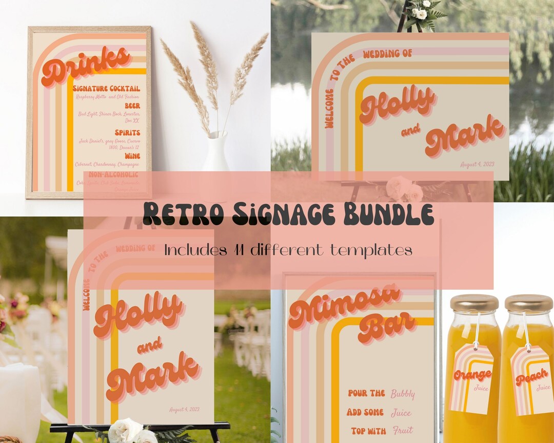 Retro Signage Bundle, Retro Large Wedding Welcome Sign, 70s Drinks ...