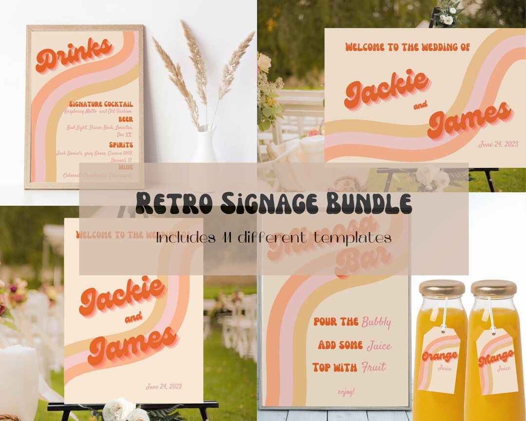 Retro Signage Bundle, Retro Large Wedding Welcome Sign, 70s Drinks ...