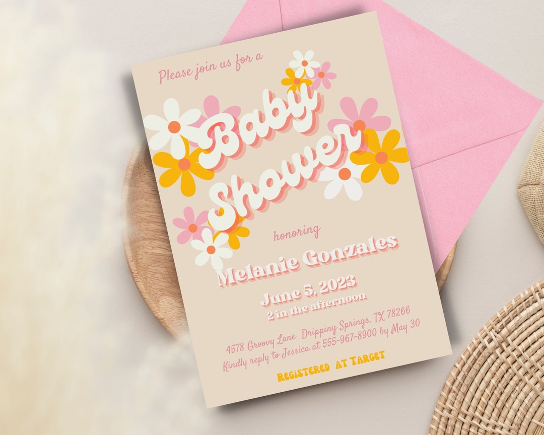 Retro Baby Shower Invitation Template, Groovy Peach and Orange (instant ...