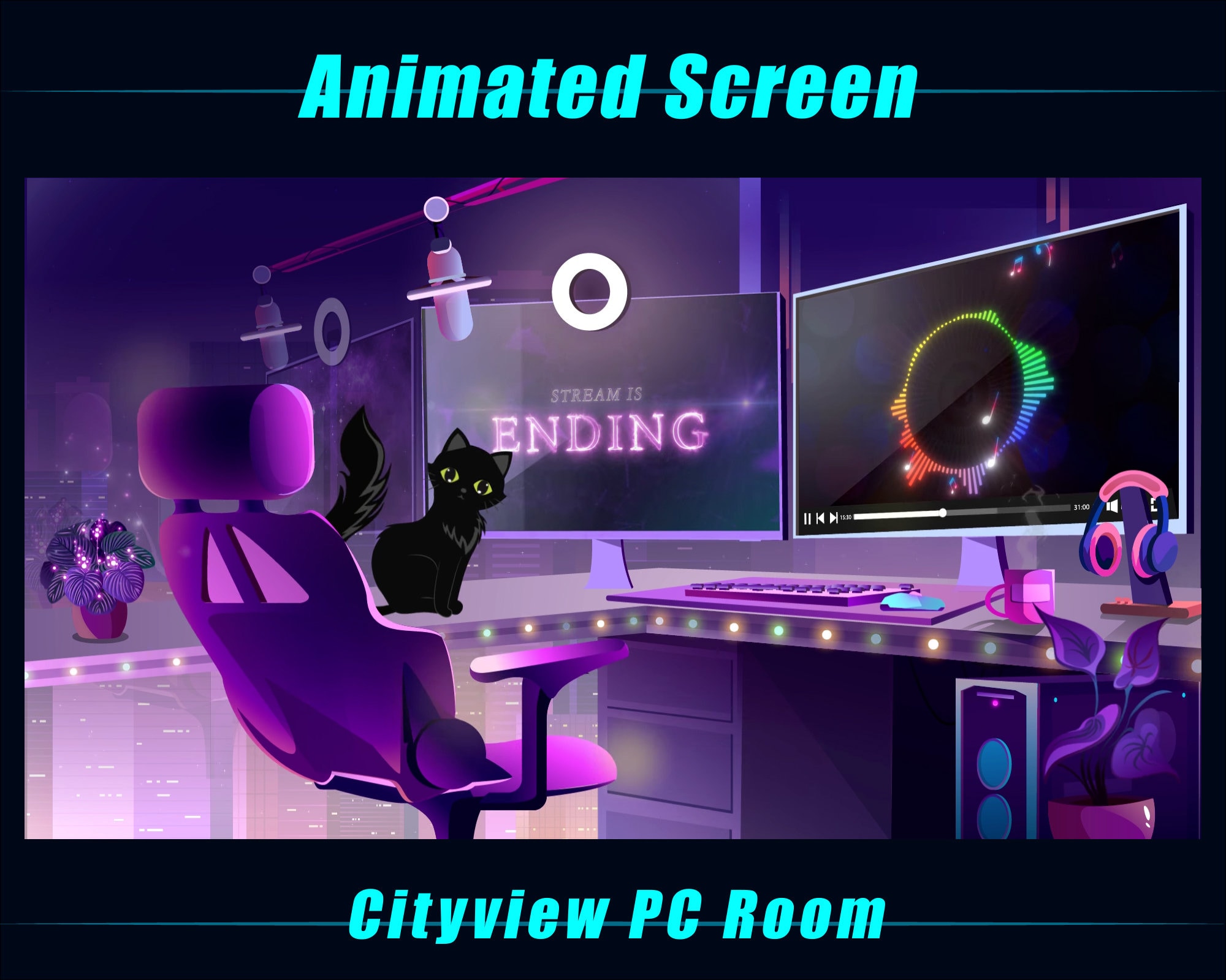 Animated Twitch Overlays Black Cat in Cityview PC Set-up Room, Cityview ...
