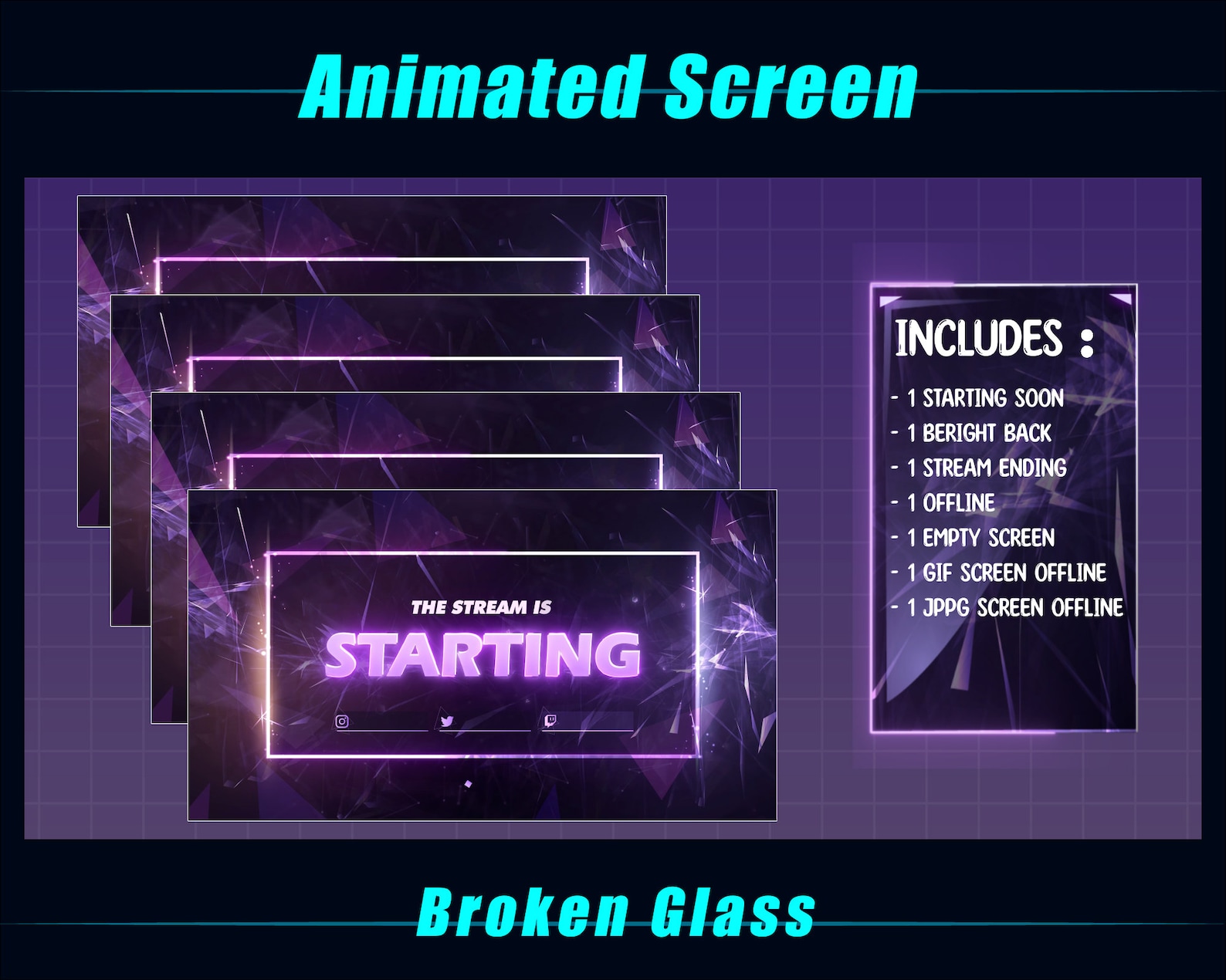 Broken Glass Animated Twitch Stream Overlay Package, Minimalist Purple ...