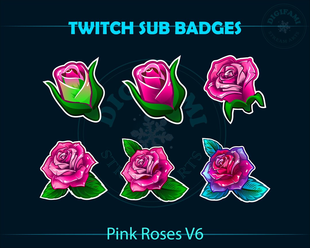 6 Pink Rose Twitch Sub Bit Badges, Beautiful Pink Flower Twitch Sub ...
