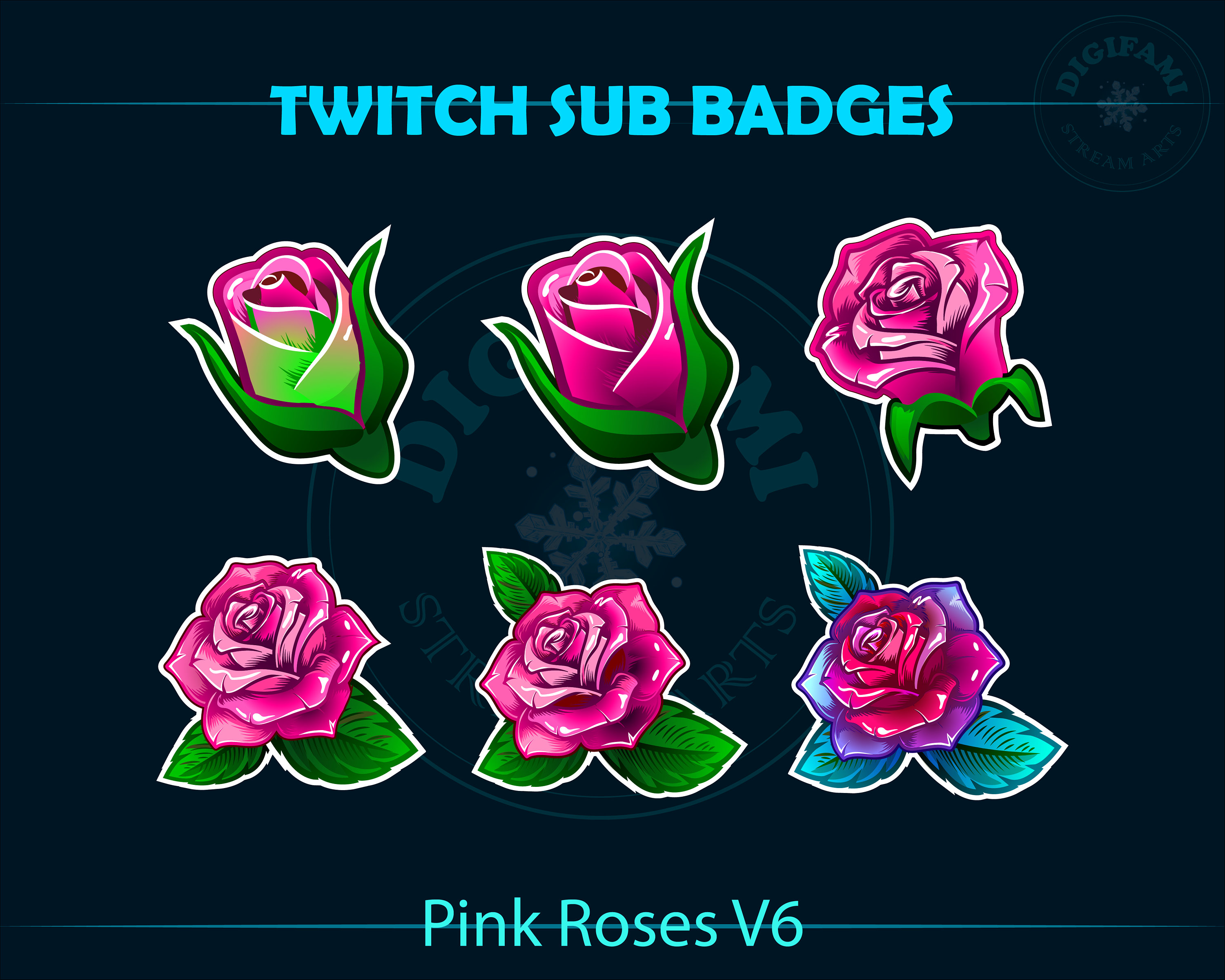 6 Pink Rose Twitch Sub Bit Badges, Beautiful Pink Flower Twitch Sub ...