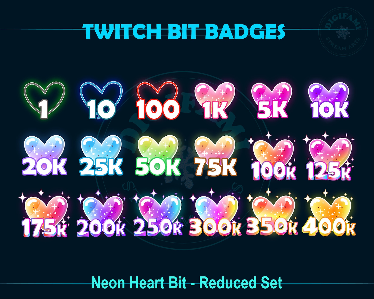Reduced Neon Crystal Heart Twitch Bit Badges Set, Neon Heart Twitch Bit ...