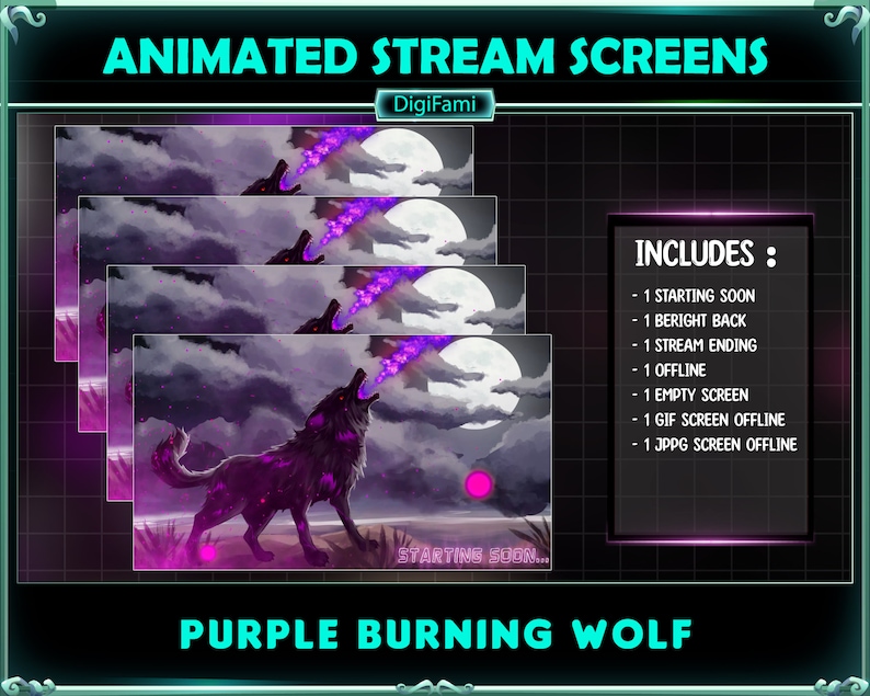 Animated Twitch PURPLE Fire Wolf Stream Overlay Package, PURPLE Burning ...