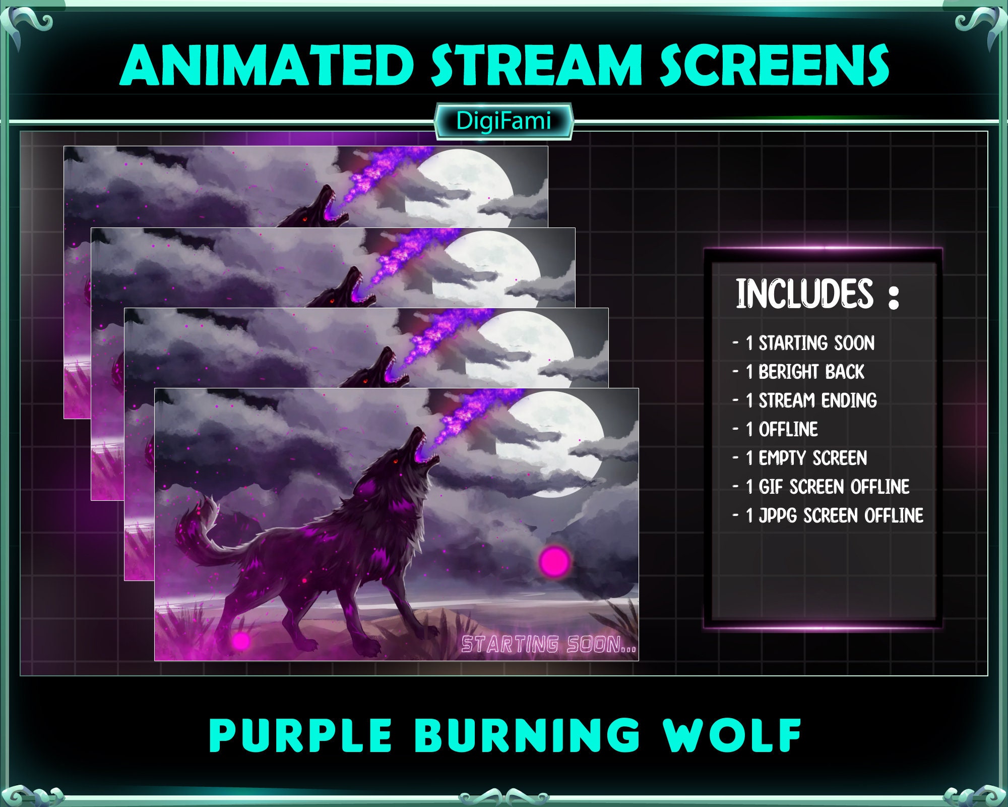 Animated Twitch PURPLE Fire Wolf Stream Overlay Package, PURPLE Burning ...