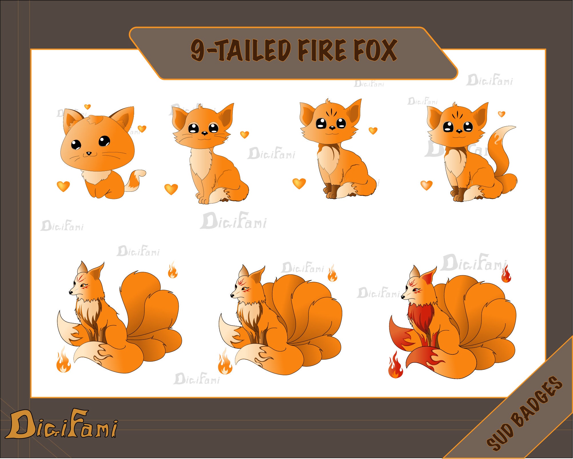Nine Tailed FIRE FOX Twitch Sub Badges for Streamers, Cute Fire Fox Sub ...
