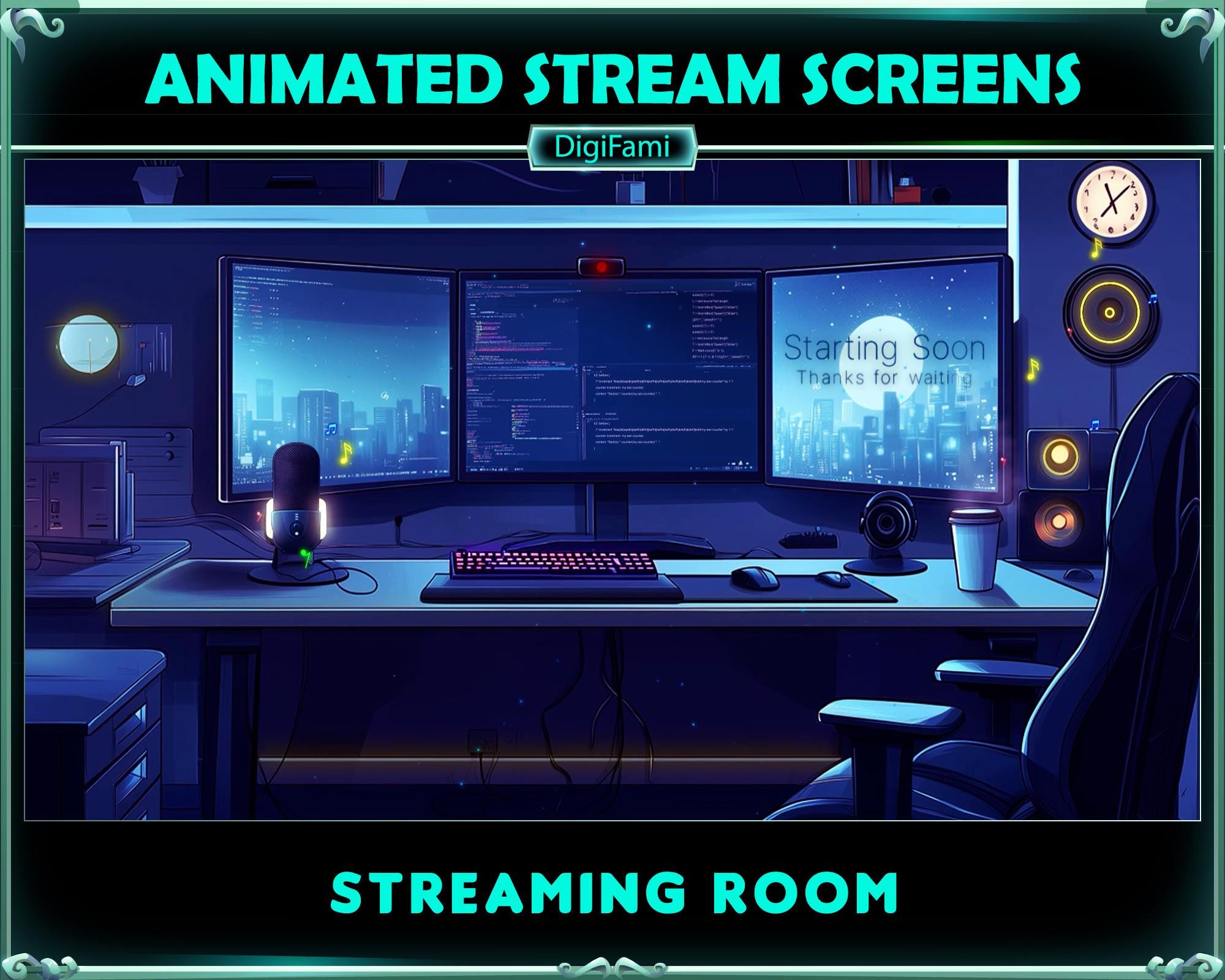 Animated Twitch Blue Streaming Room Stream Screen Overlays, Blue PC ...