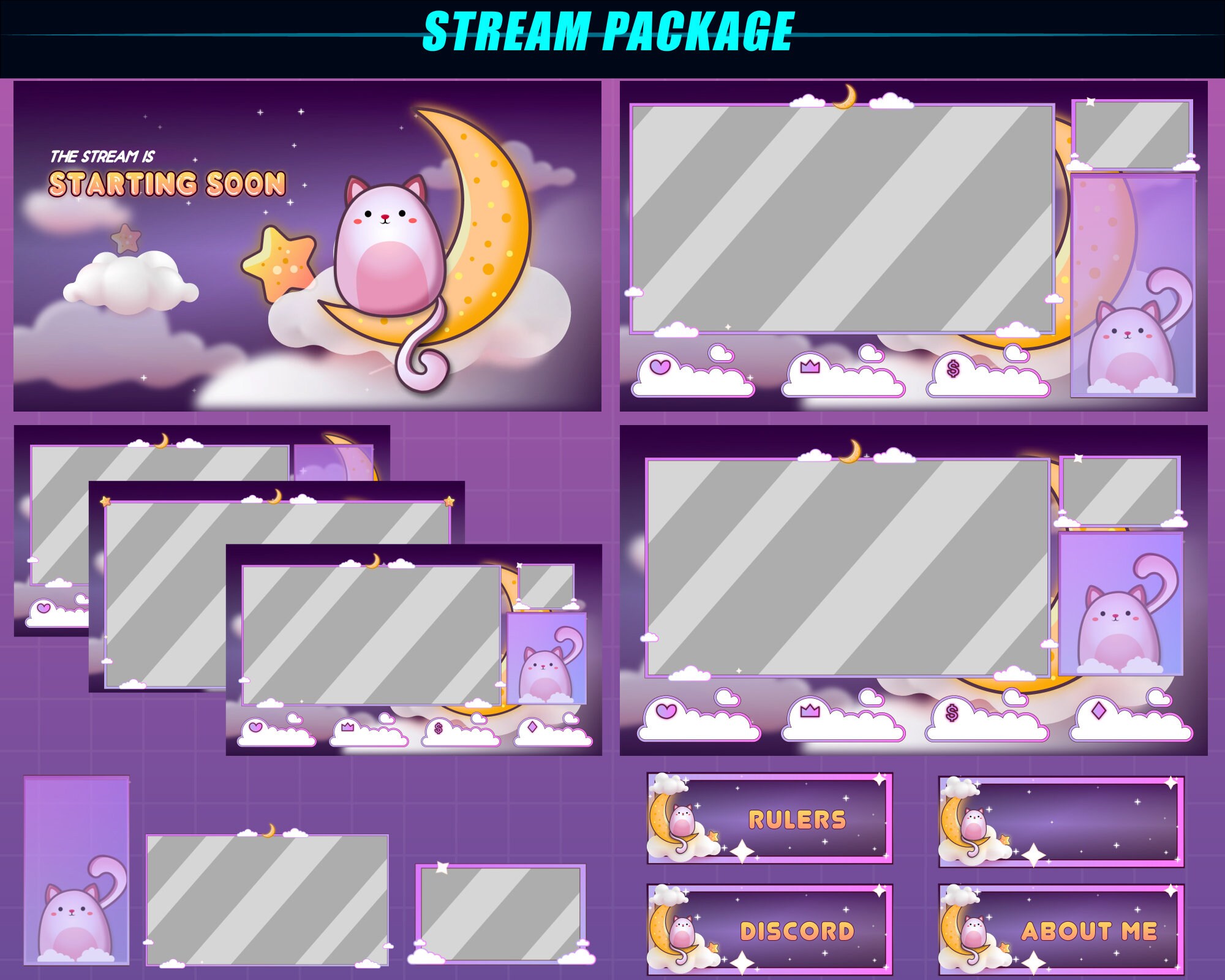 Animated Stream Package Celestial Cute Cat, Cute Fat Cat on Moon Twitch ...