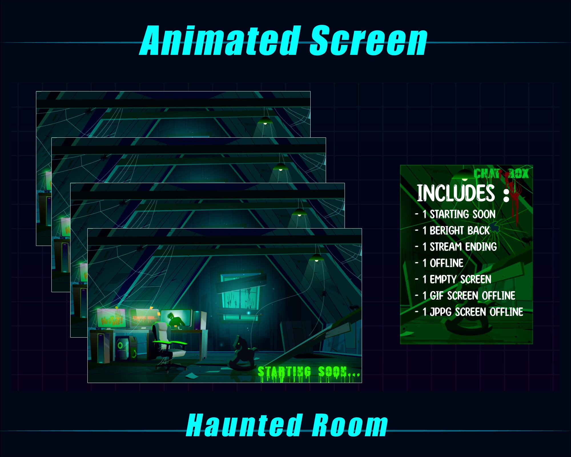Halloween Neon Haunted PC Room Animated Stream Package, NEON Horror ...