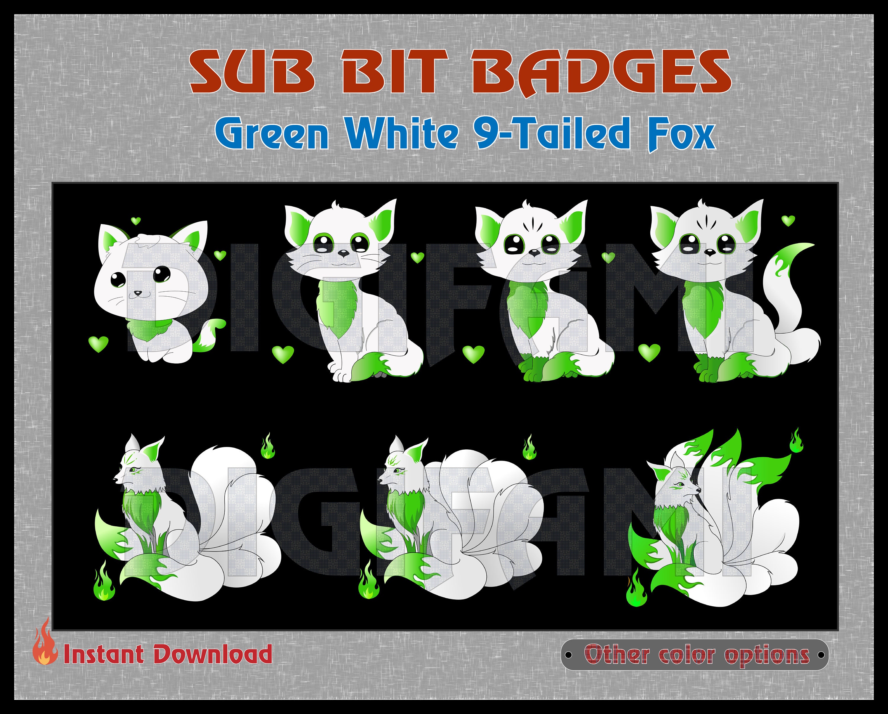 Twitch Sub Badges for Streamers / Green Neon Nine Tail Fox / Cute Nine ...