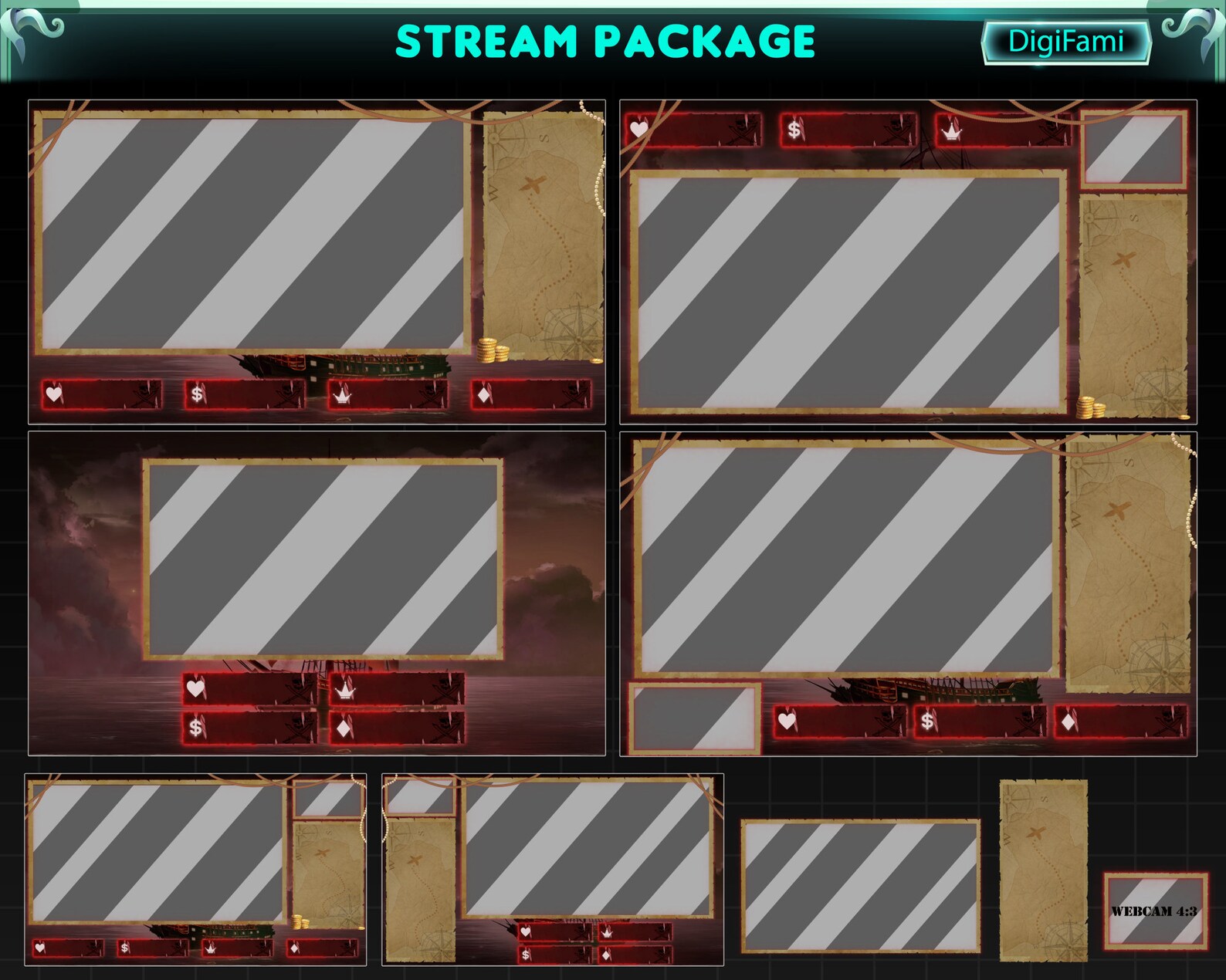RED Ghost Pirate Ship Animated Twitch Overlay Package, Blood Pirate ...