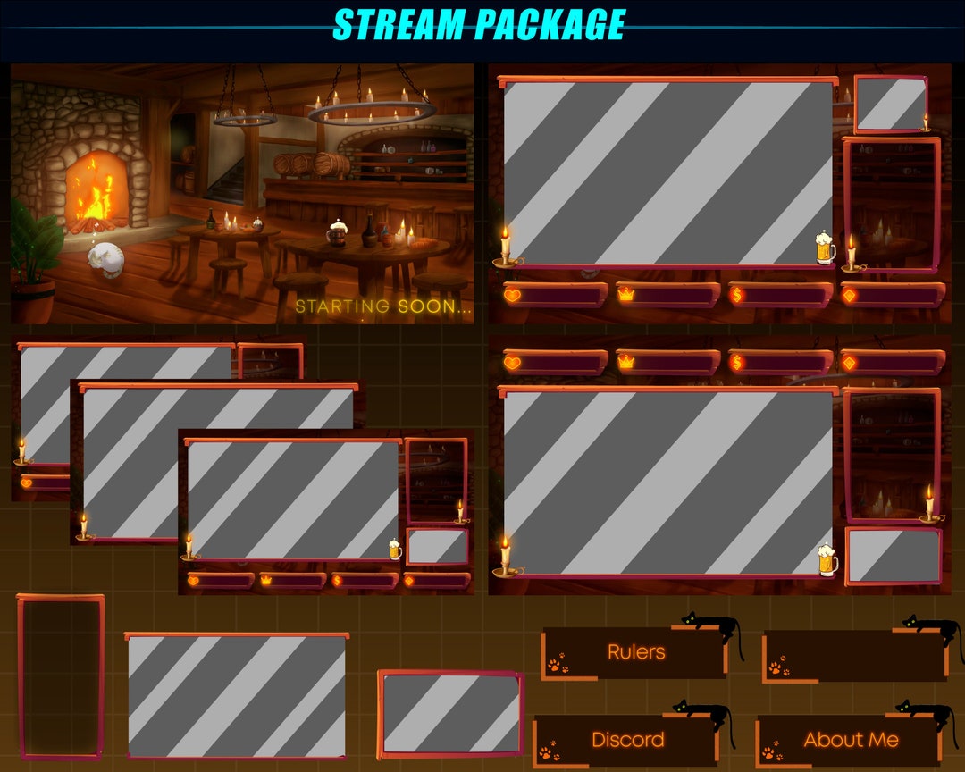 Animated Twitch Overlay Package Warm Tavern / Sleeping White Cat / Cozy ...