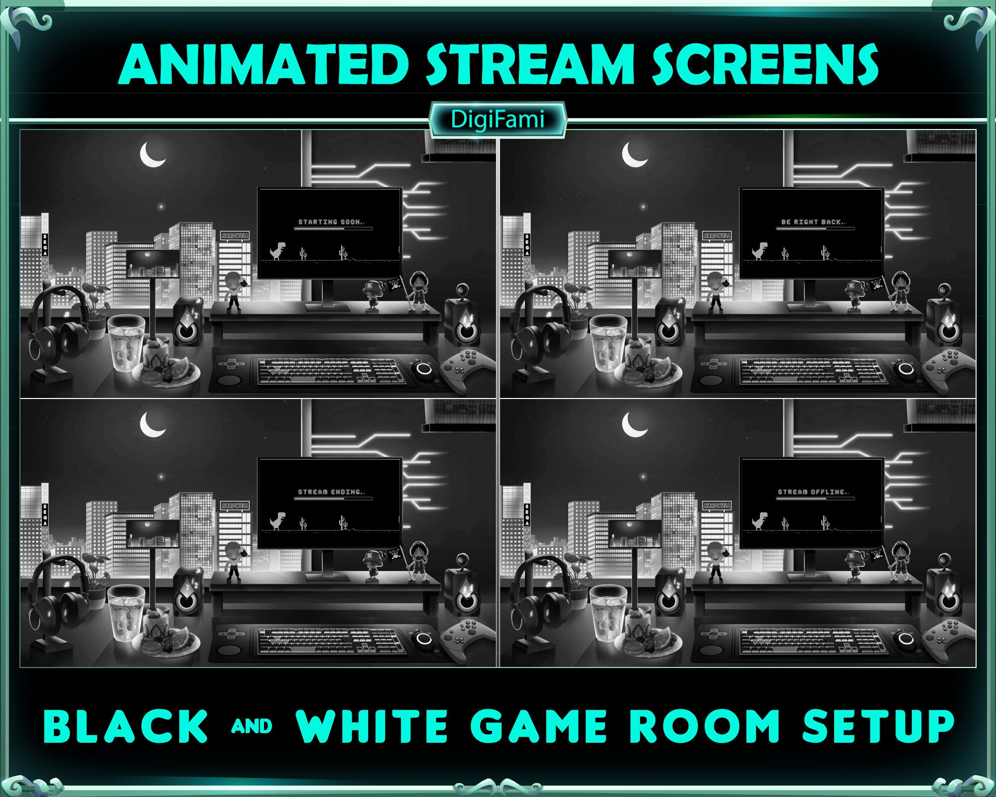 Animated Twitch Black White Gaming Room Screen Overlays, PC Desk Twitch ...