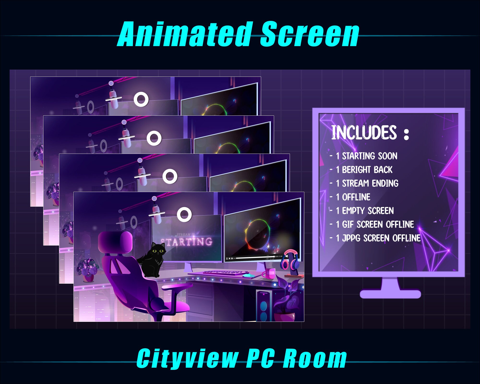 Animated Twitch Overlay Package Cityview PC Set-up Room, Black Cat in ...