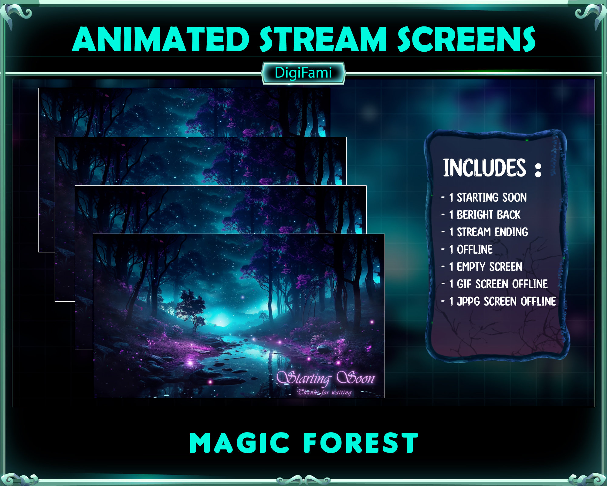 ANIMATED Twitch Stream Overlay Package Magic Forest, Witchy Forest Animated Stream Bundle ...