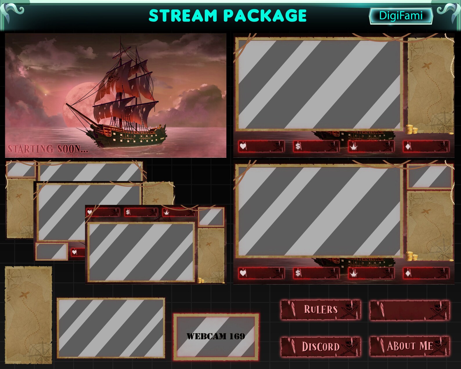RED Ghost Pirate Ship Animated Twitch Overlay Package, Blood Pirate ...