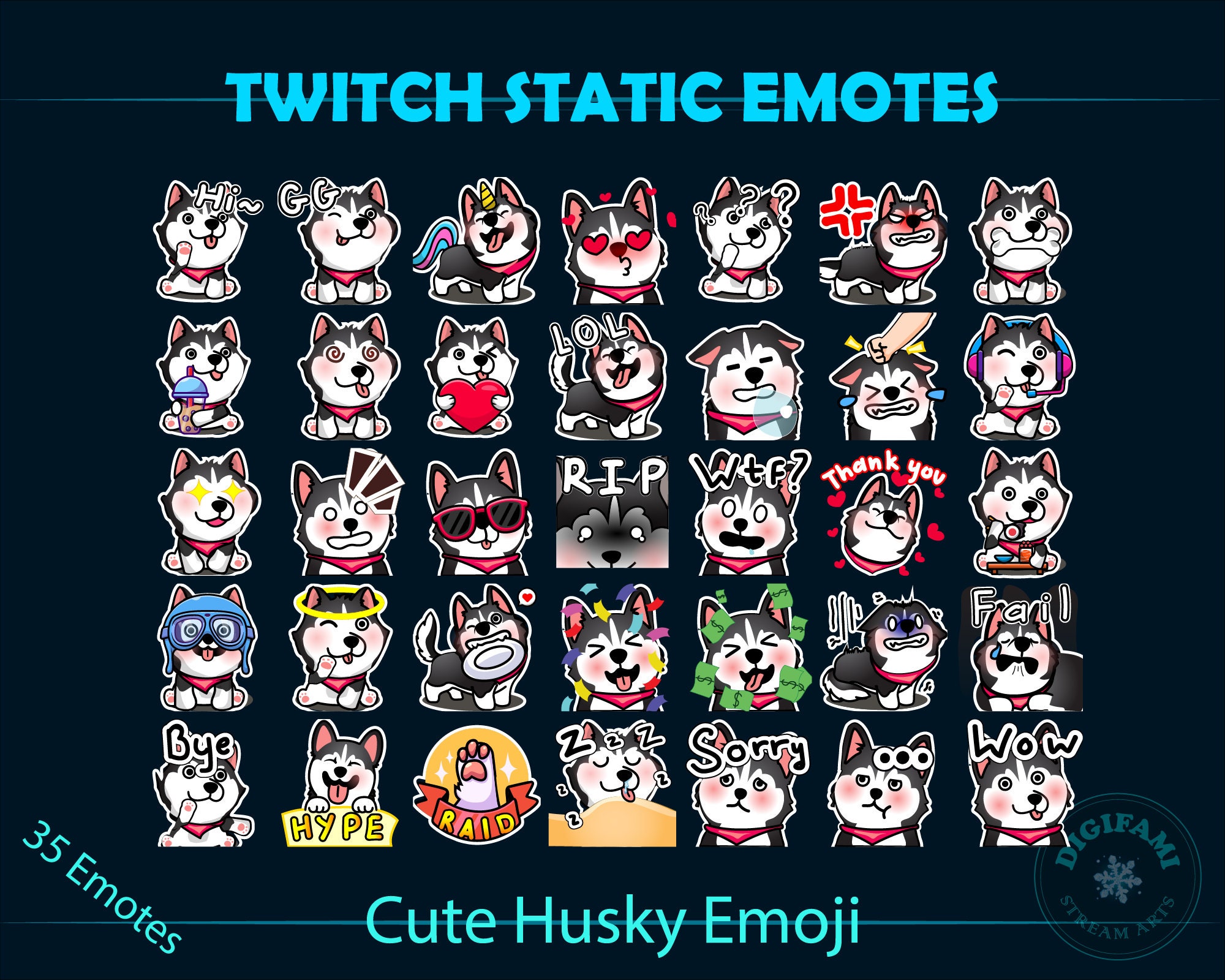 Cute Husky Twitch Emote Set of 35 Emotes, Cute Husky Stream Chat Emotes ...