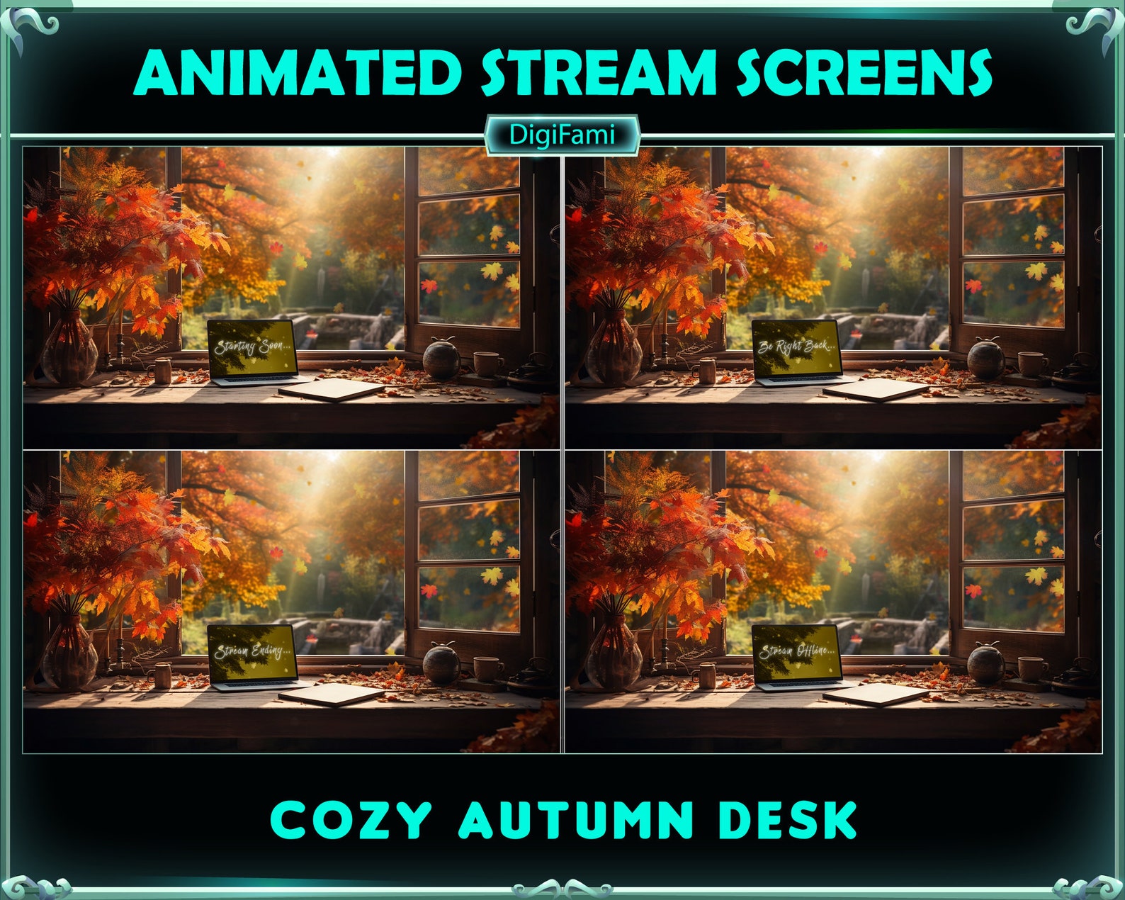 ANIMATED Twitch Stream Overlays Autumn PC Desk, Working Desk in Fall ...
