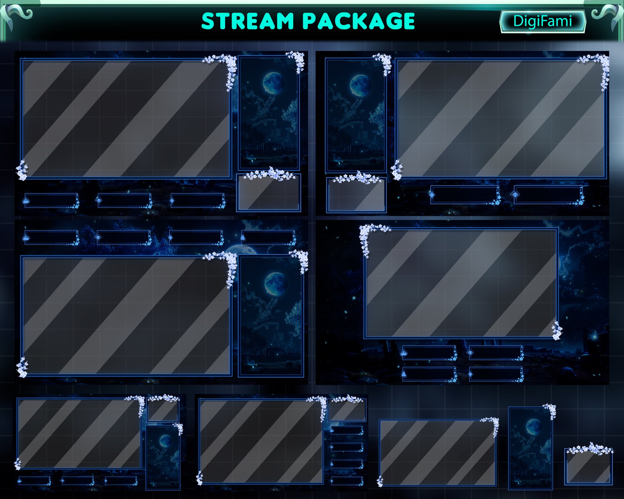 ANIMATED Twitch Overlay Package, Dark Blue Sakura Graveyard Animated ...