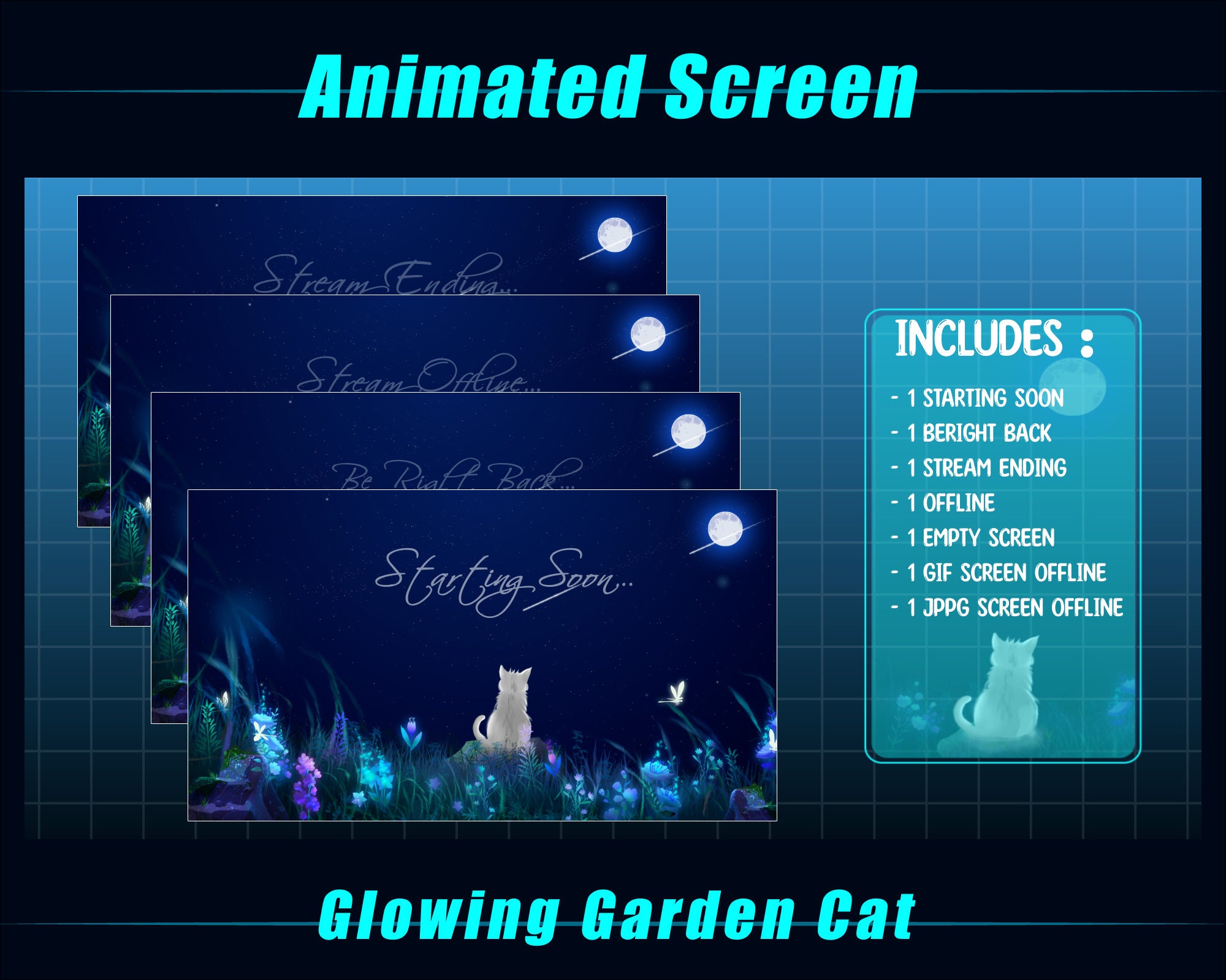 Animated Twitch Overlay Package WHITE Cat in Glowing Garden - Etsy