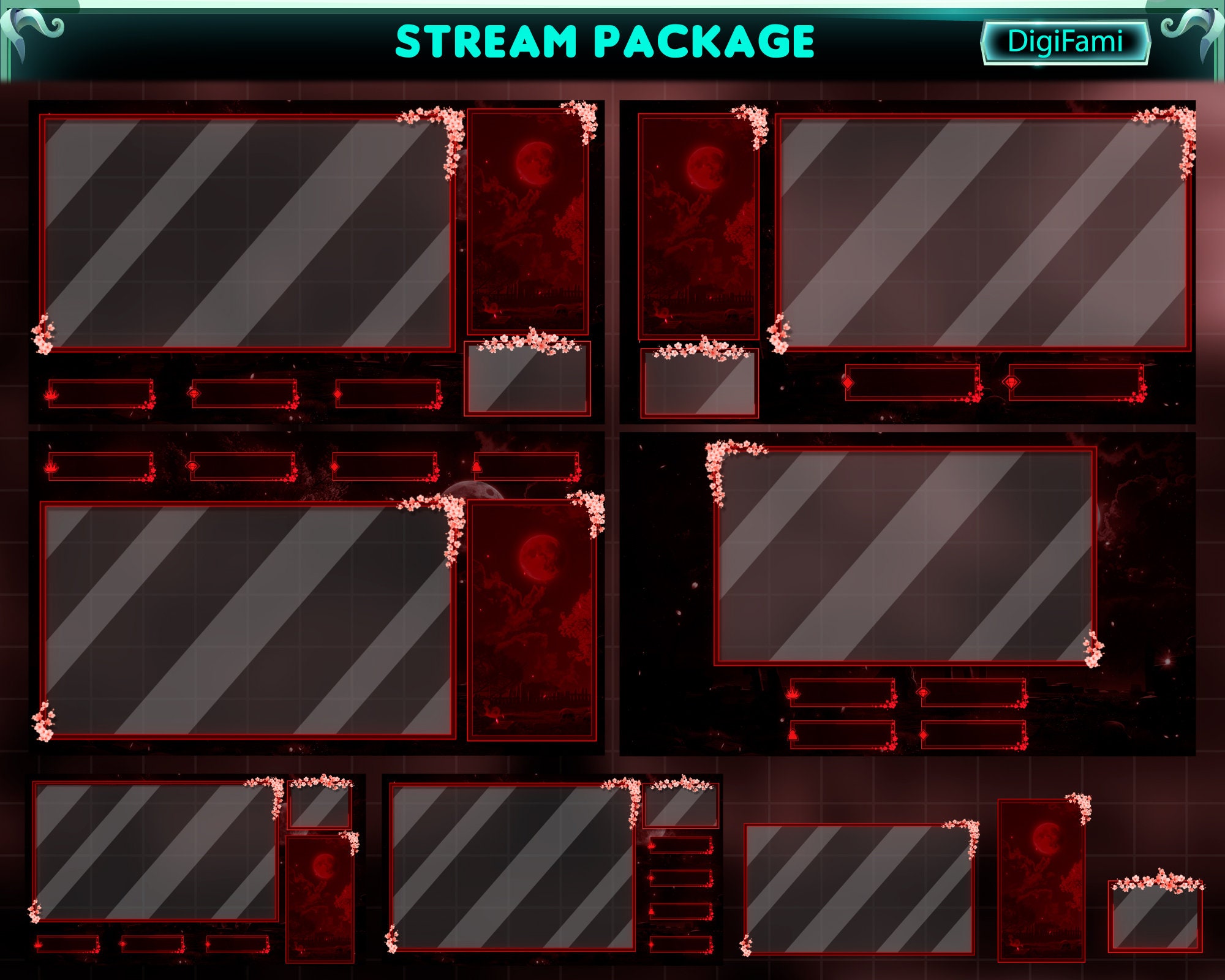 Bloody Sakura Graveyard Animated Stream Overlay Package, Red Sakura ...