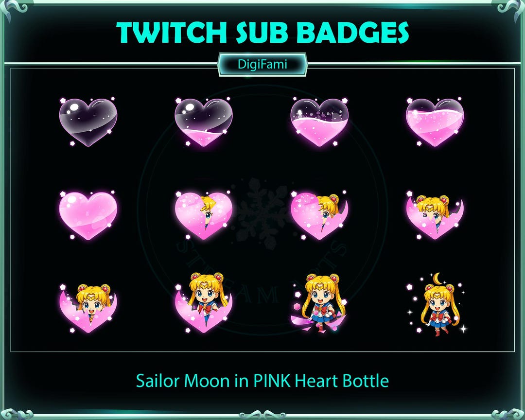 Sailor Moon in PINK Heart Bottle Twitch Sub Badges, Sailor Moon in PINK ...