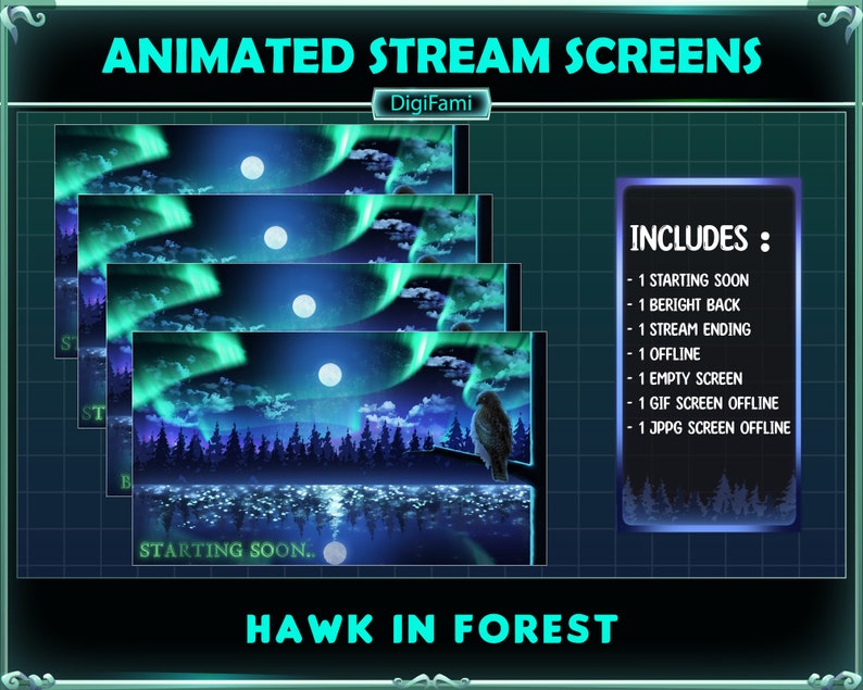 Animated Twitch Overlay Package Hawk in Light Forest, Animated Stream ...